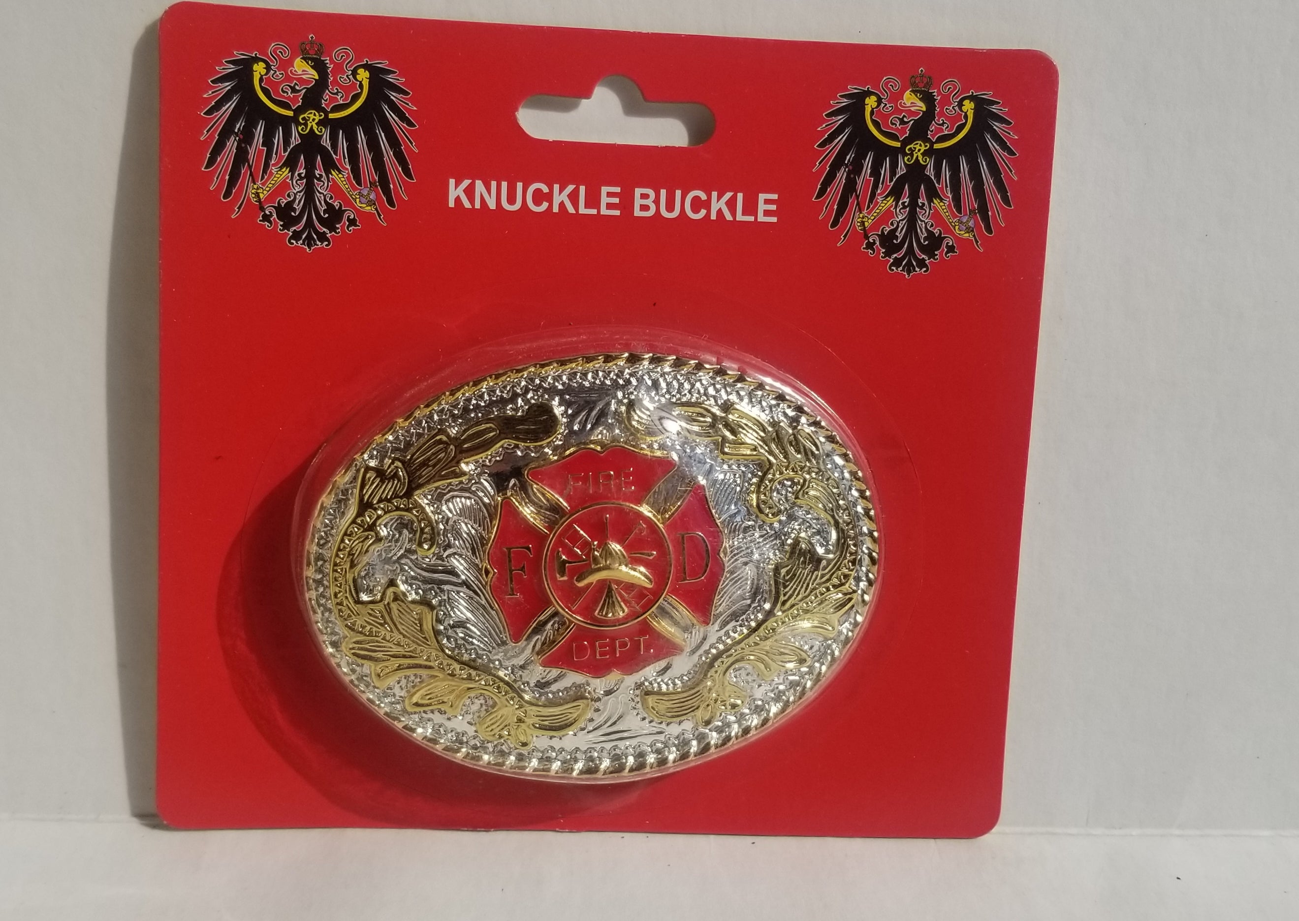 Fire Department Maltese Cross Embossed Belt Buckles Red Gold & Silver