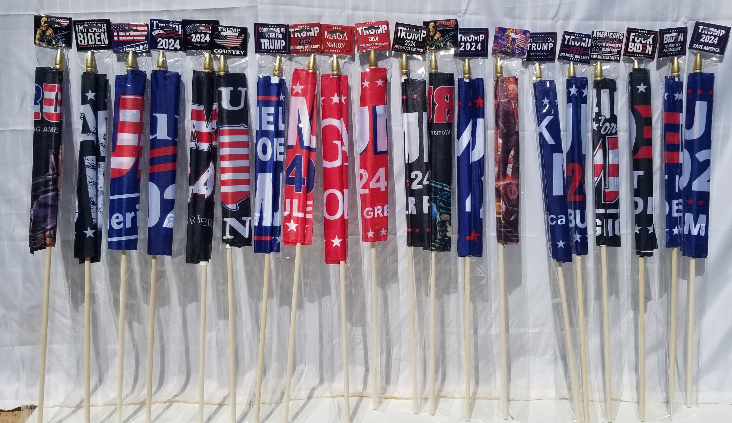 Trump 2024 12"x18" Stick Flags 68D Nylon Sewn Edges Mounted on 24" Woo