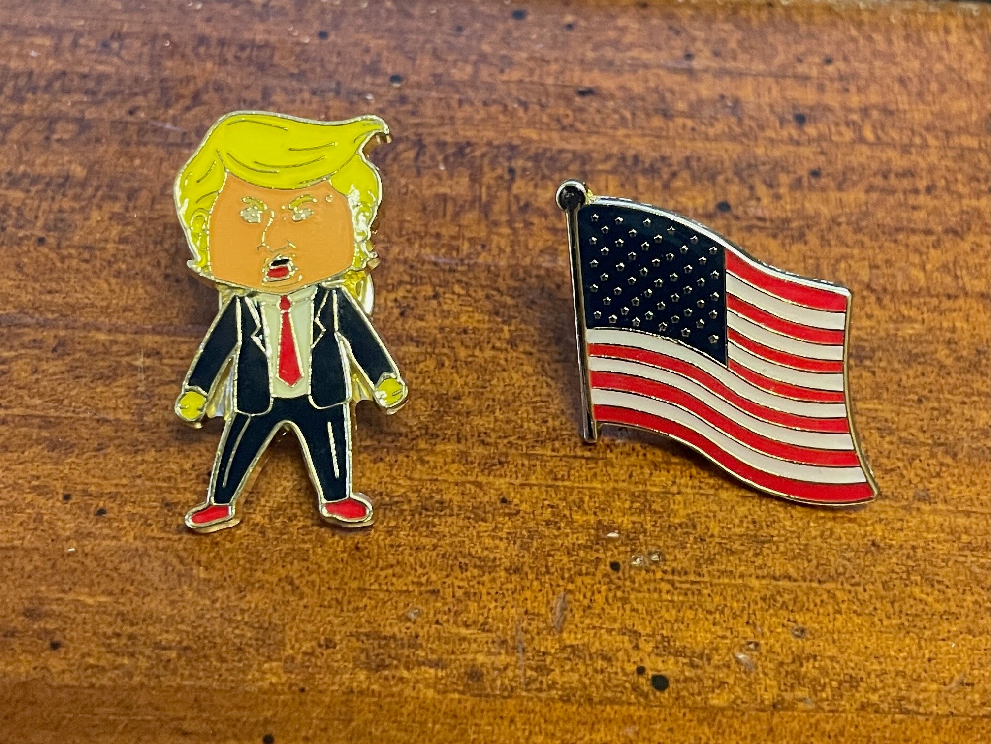 President Donald J. Trump "Happy Trump" Lapel Pin & USA American Flag