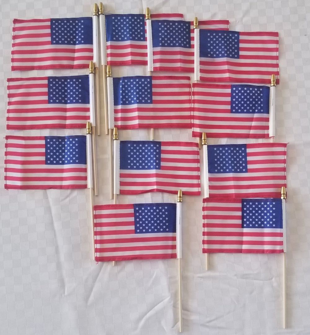 American Flags 12 Pack 4x6 Inches USA Natural Wooden Staffs & Gold Saf