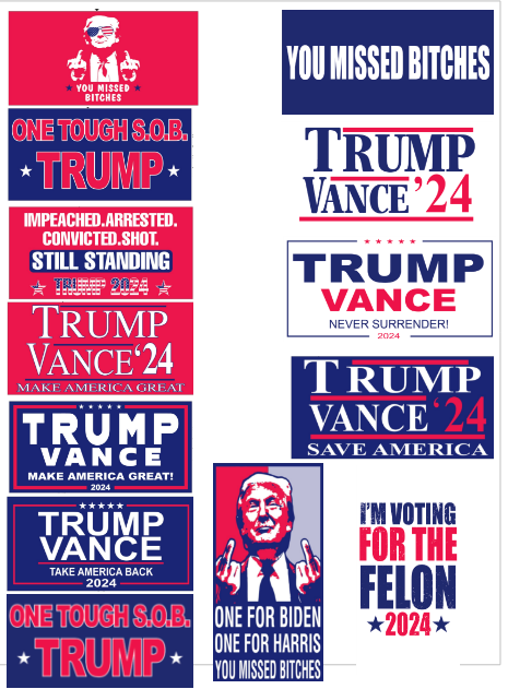 Trump Vance 2024 Twelve Pack+ of Bumper Stickers All New 13 Designs Wh