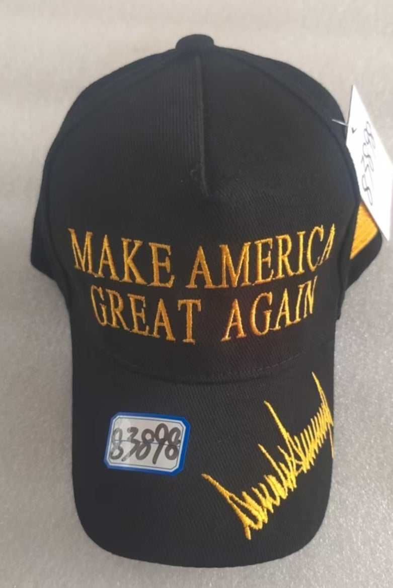 Make America Great Again Black & Gold Embroidered Caps Trump Signature