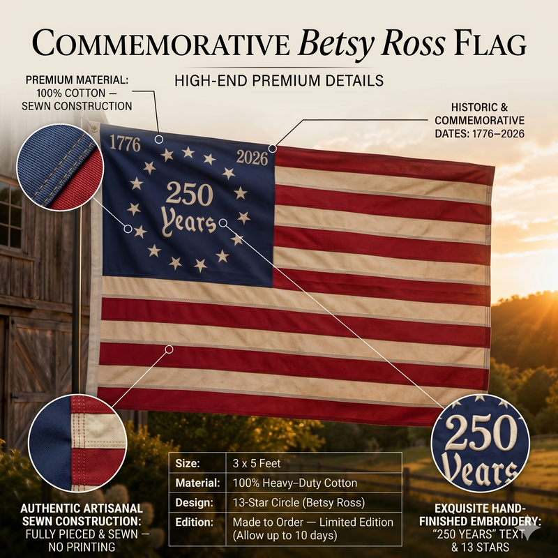 Betsy Ross Vintage 250 Years Cotton Sewn Flag 3x5 | 1776-2026 Made to ...