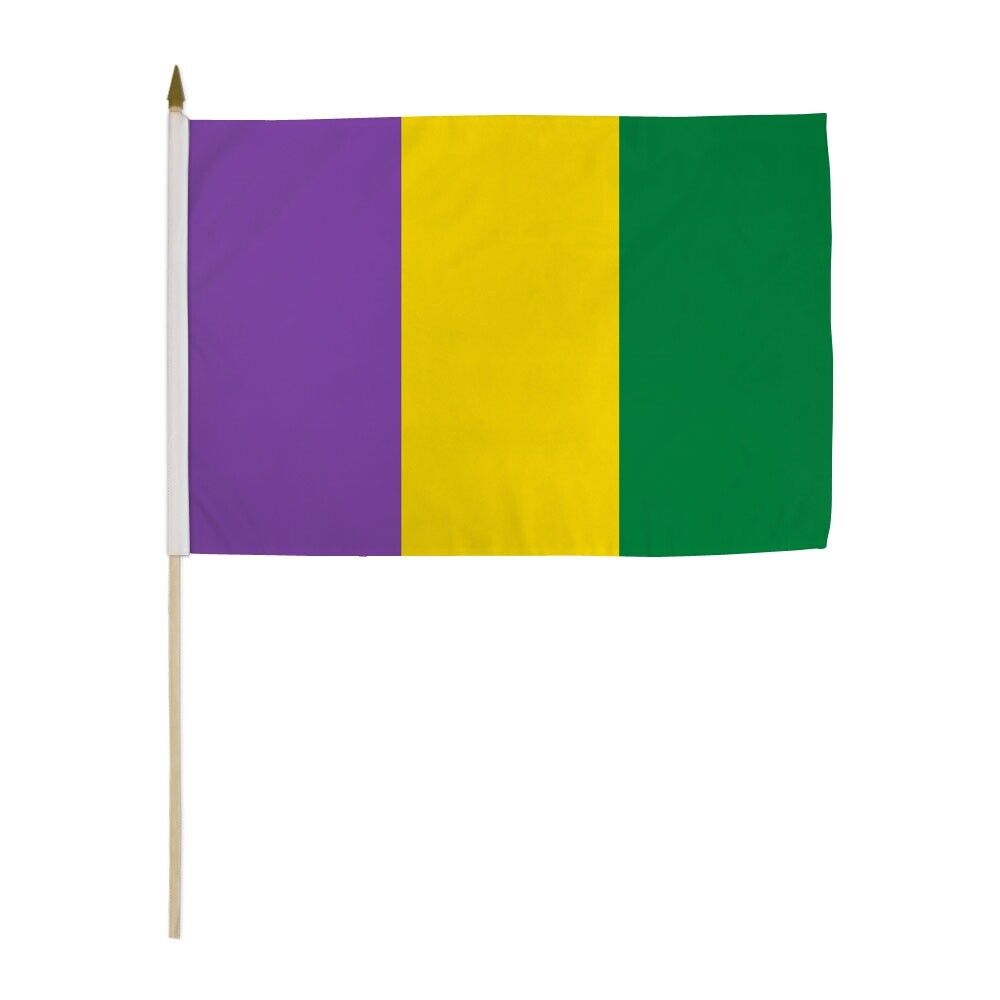 Mardi Gras Tri Color 12"x18" Stick Flag ROUGH TEX® 100D 30" Wooden Sta