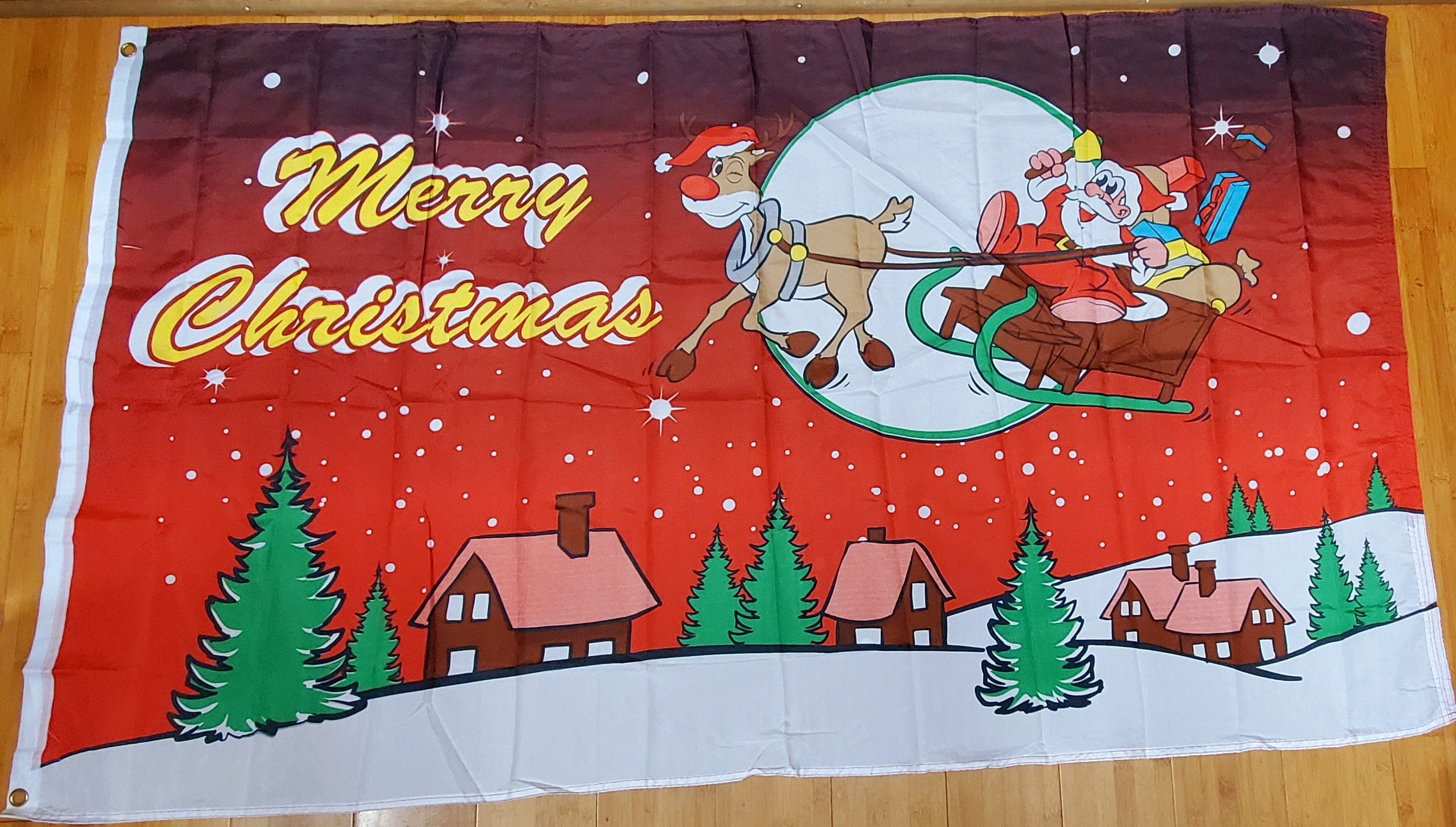Christmas Sleigh Ride Santa Rudolph Merry Red Flag 3x5 Rough Tex 100D